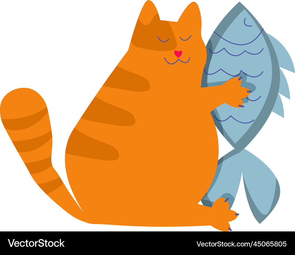 Smiling fat cat holding fish drawing Royalty Free Vector