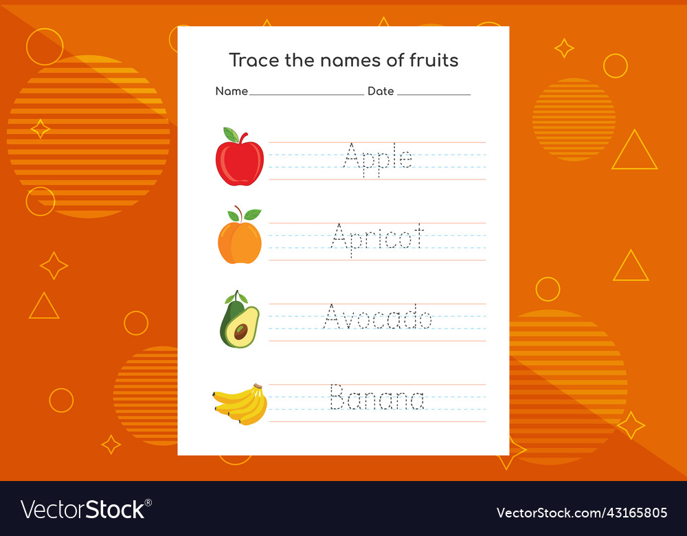 Trace the names of fruits handwriting practice Vector Image