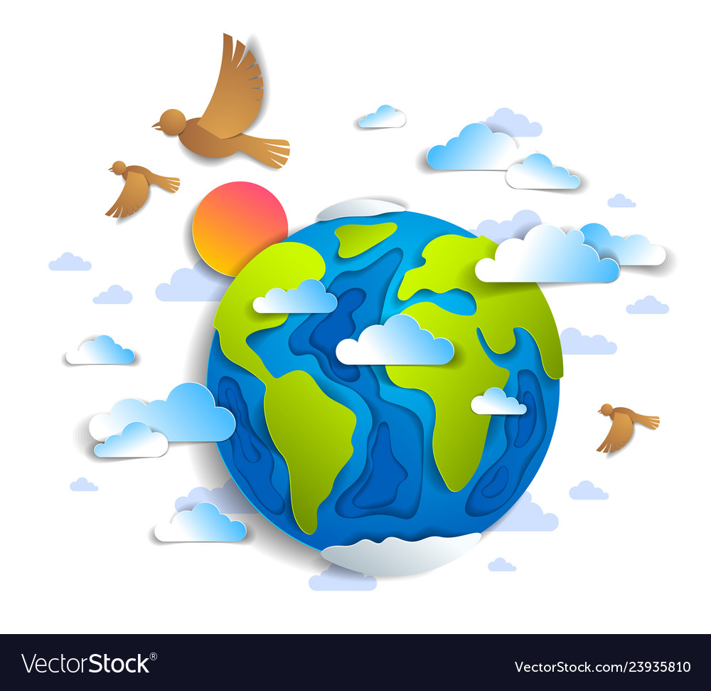 Cartoon earth clouds birds flying and sun modern Vector Image