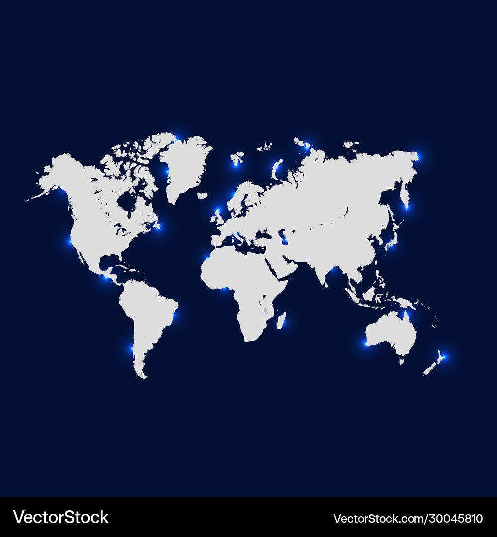 Gray world map with glitter on outlines Royalty Free Vector