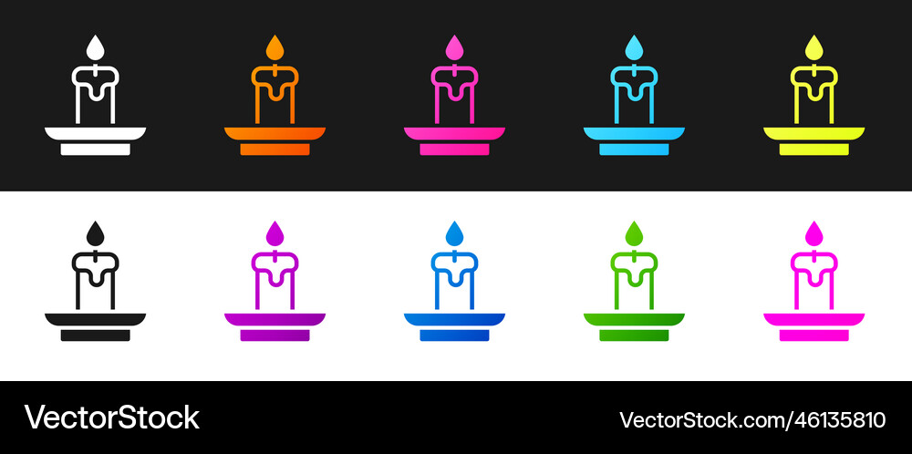 Set burning candle icon isolated on black Vector Image