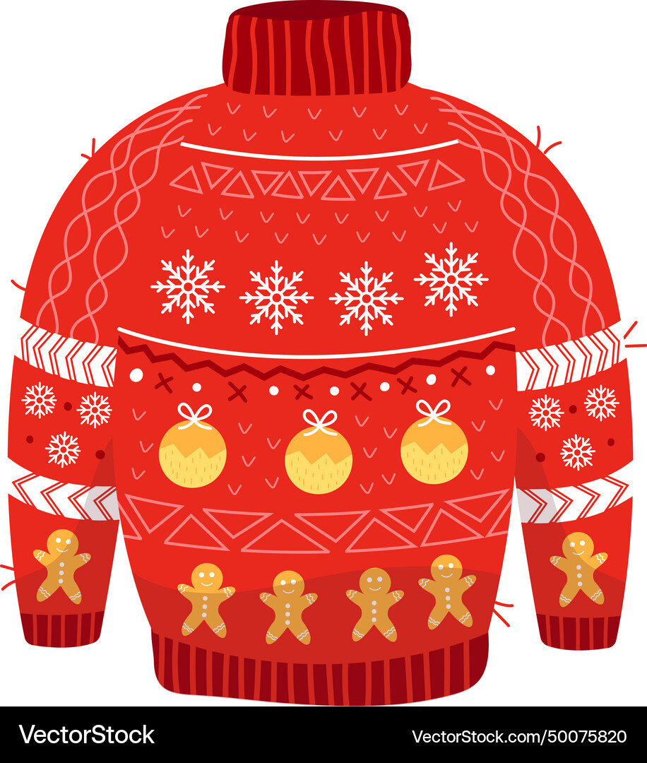Cozy red christmas sweater with festive patterns Vector Image