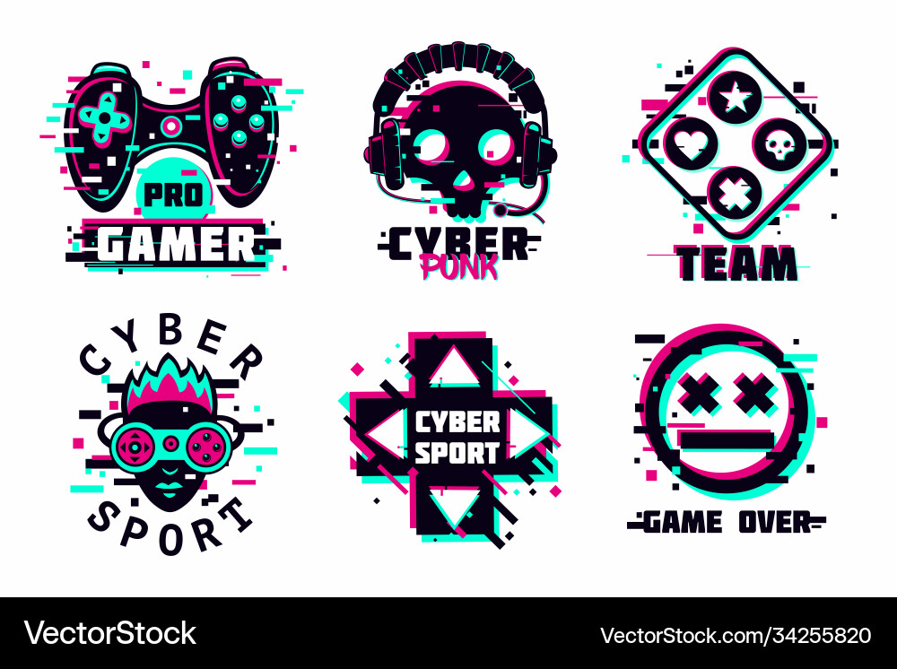 Game team emblem set glitch style signs Royalty Free Vector