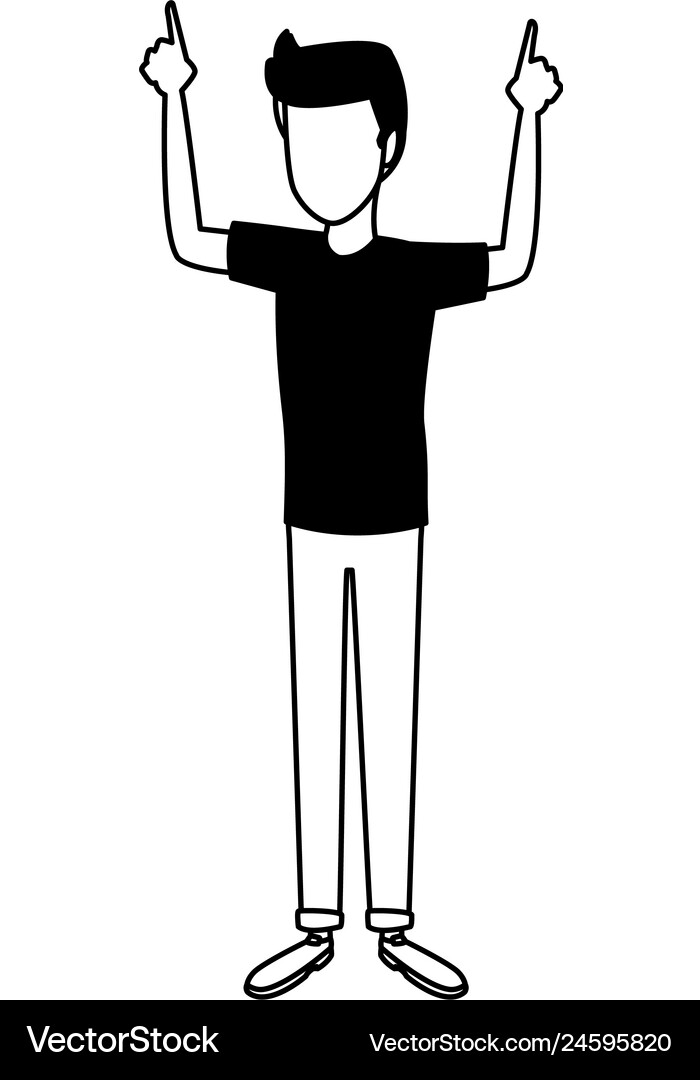 Young man pointing up with hands in black Vector Image