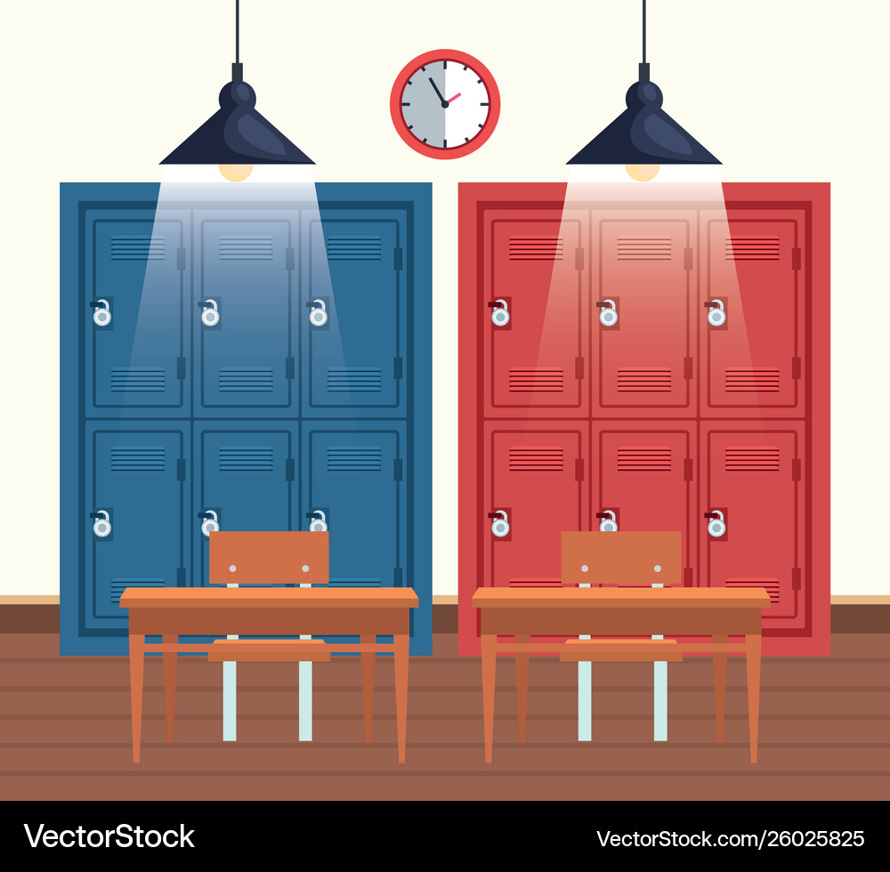 Clock with education lockers and desks Royalty Free Vector