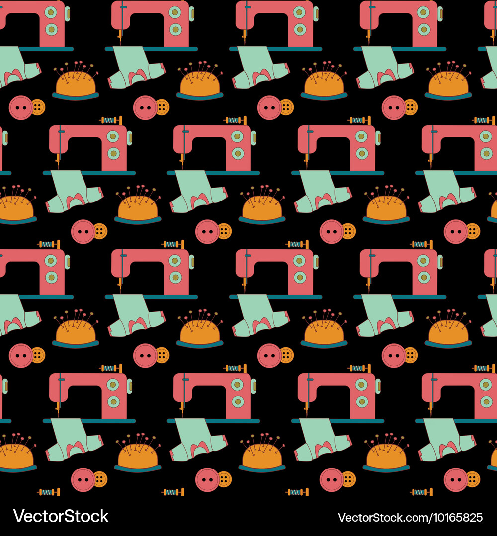 Seamless pattern of tailoring tools icons on black