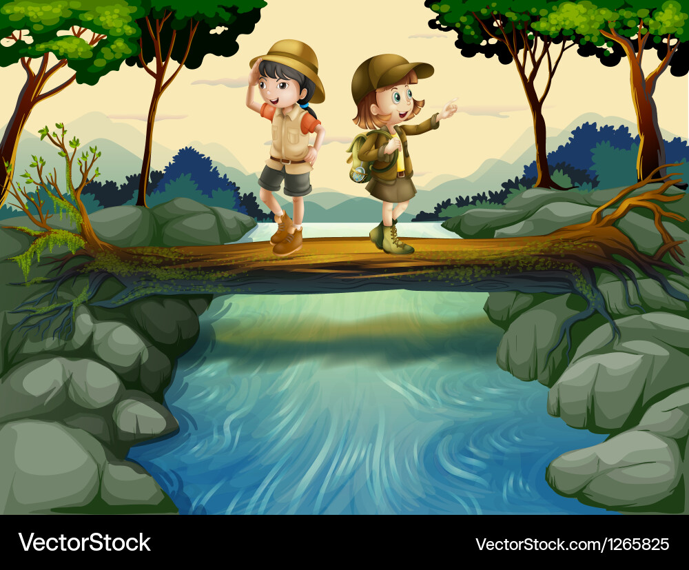 Two kids crossing the river Royalty Free Vector Image