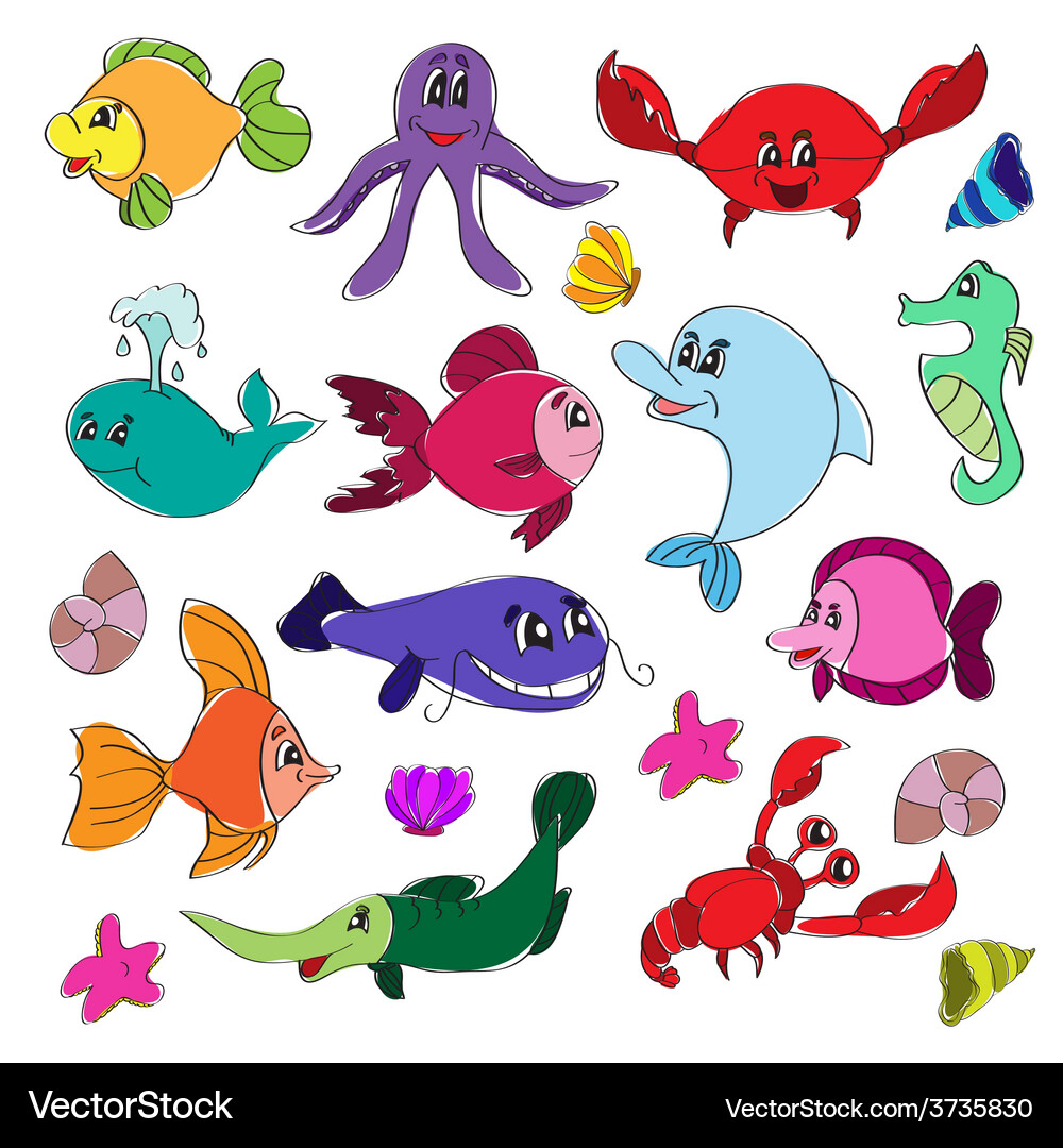 Marine life doodles - hand drawn collection Vector Image
