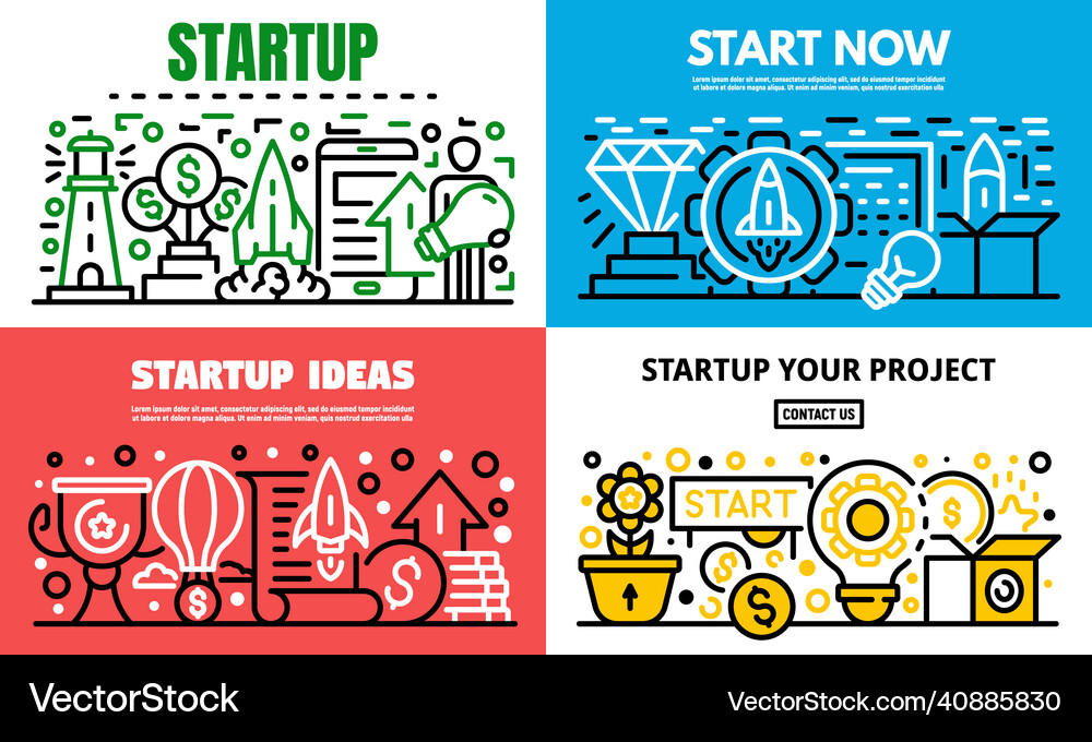 Media startup banner set outline style Royalty Free Vector