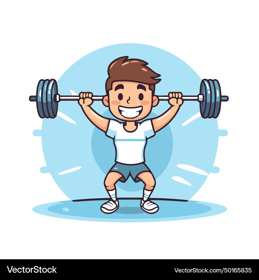 Cartoon boy lifting barbell flat design Royalty Free Vector