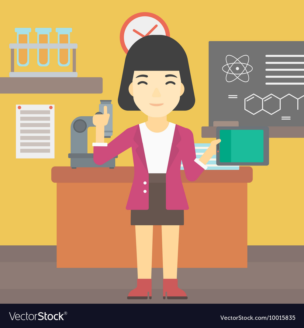Female student using tablet computer in classroom Vector Image