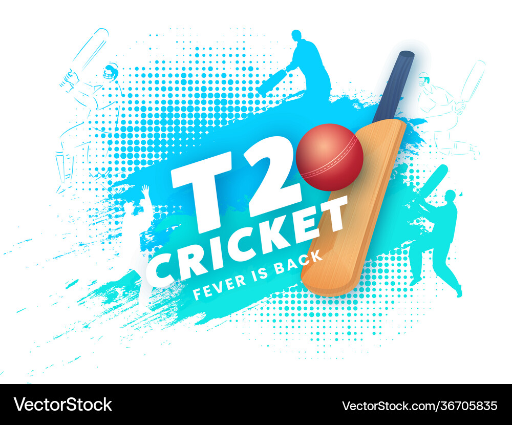 T20 cricket text with realistic ball bat Vector Image