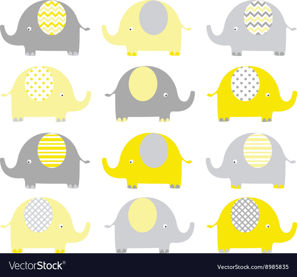 Yellow and grey cute elephant set Royalty Free Vector Image
