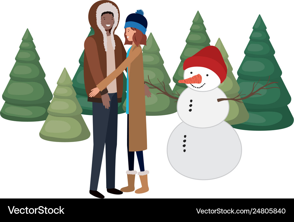 Couple with snowman and pine trees Royalty Free Vector Image