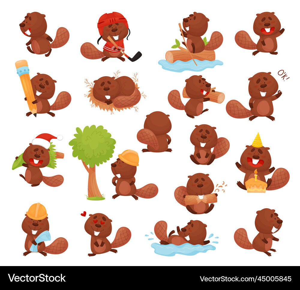 Funny beaver character in different actions big Vector Image