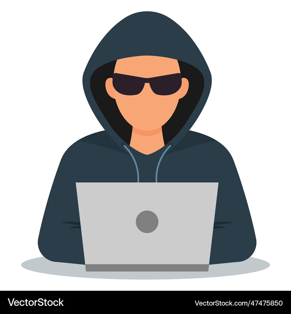 Hacker in black glasses with a laptop network Vector Image
