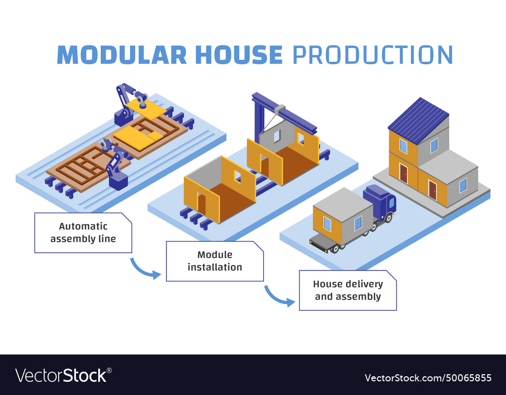 Modular house production process isometric Vector Image