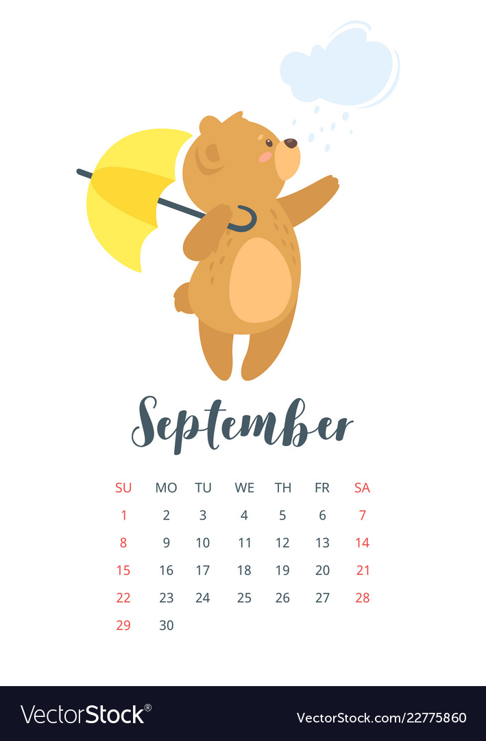 2019 cute teddy bear calendar Royalty Free Vector Image