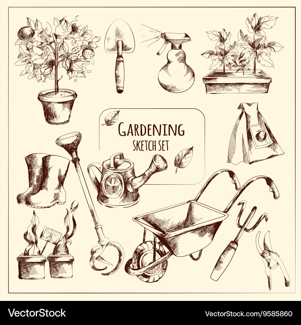 Gardening sketch set Royalty Free Vector Image