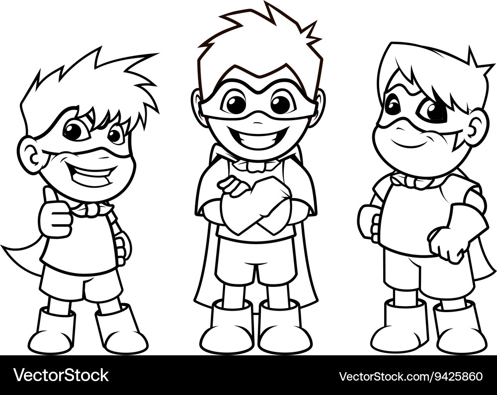 Kid Super Heroes Standing Pose Outline Royalty Free Vector