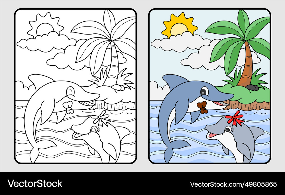 Dolphin and beach education coloring book Vector Image