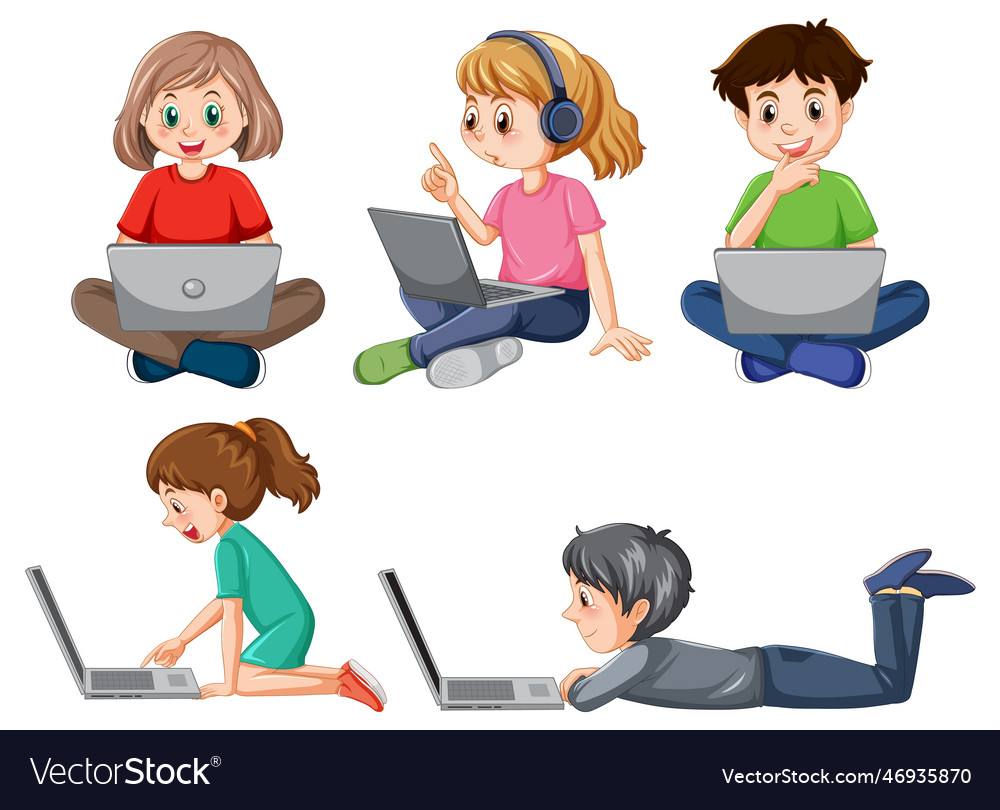 Set of children using laptop Royalty Free Vector Image