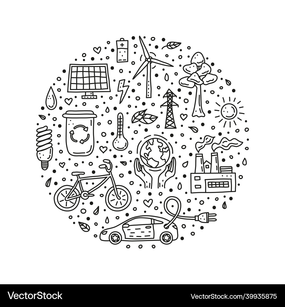Doodle ecology and environment icons in circle Vector Image