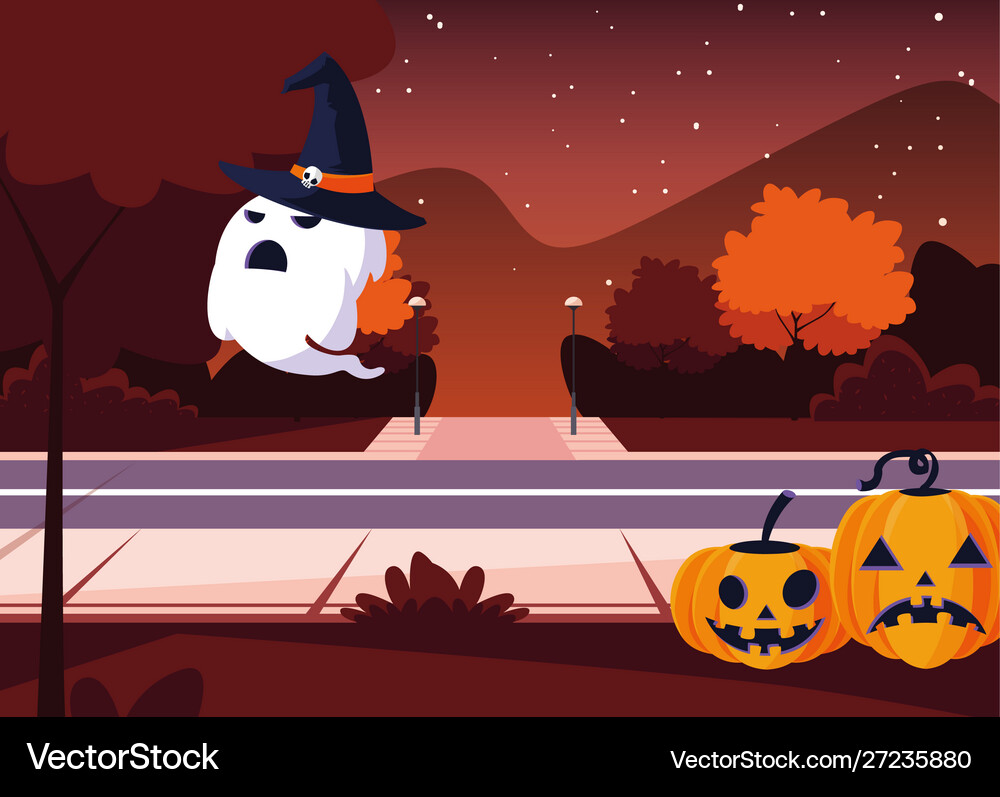 Ghost with moon in scene halloween Royalty Free Vector Image