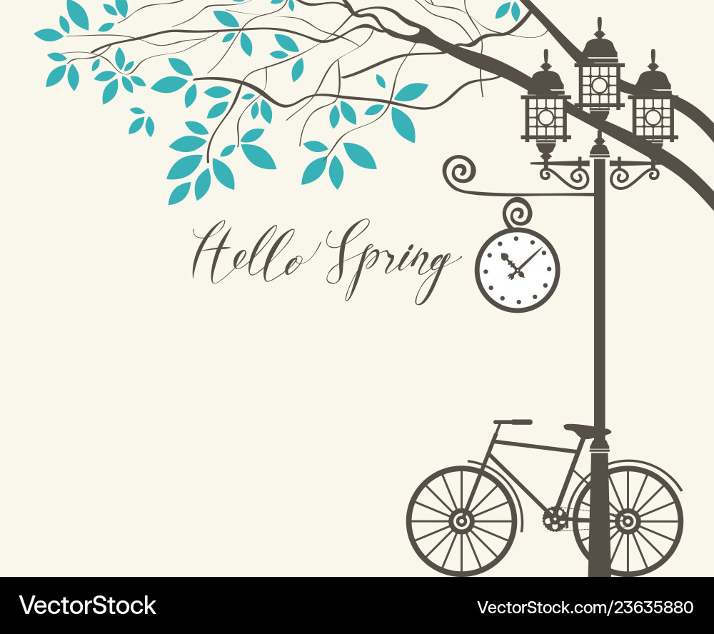 Spring landscape with bike tree and lamppost Vector Image