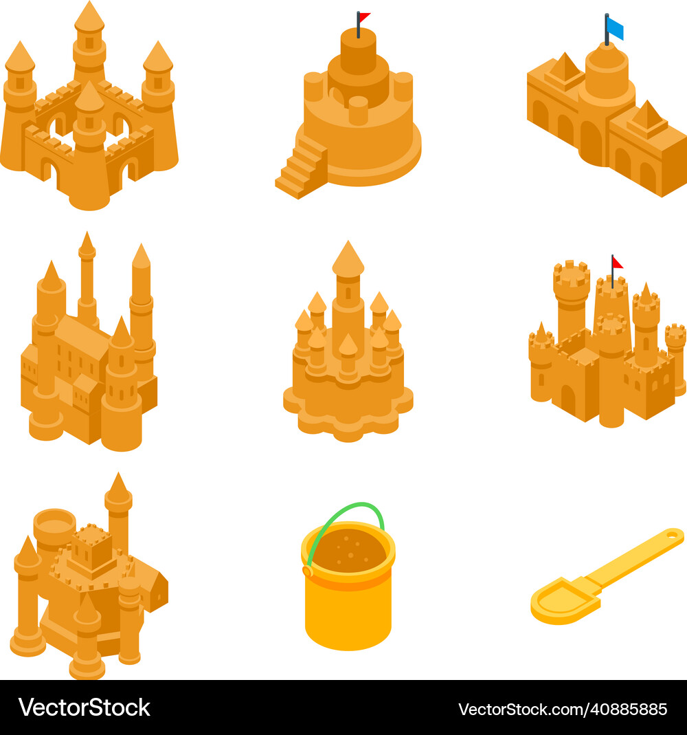Castle sand icons set isometric style Royalty Free Vector