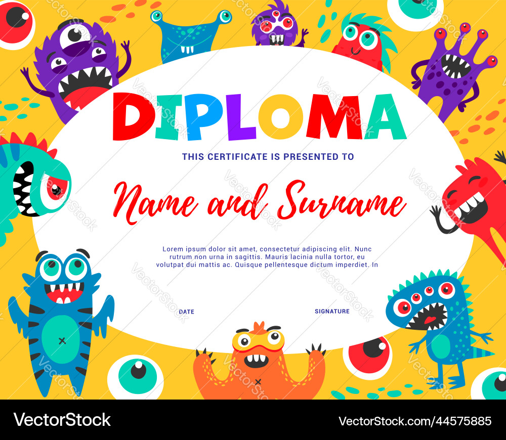 Kids diploma with funny monster characters Vector Image