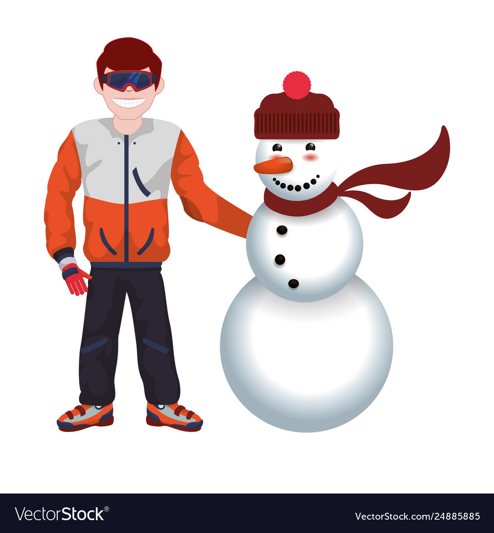 Man with snow sport uniform and snowman Royalty Free Vector