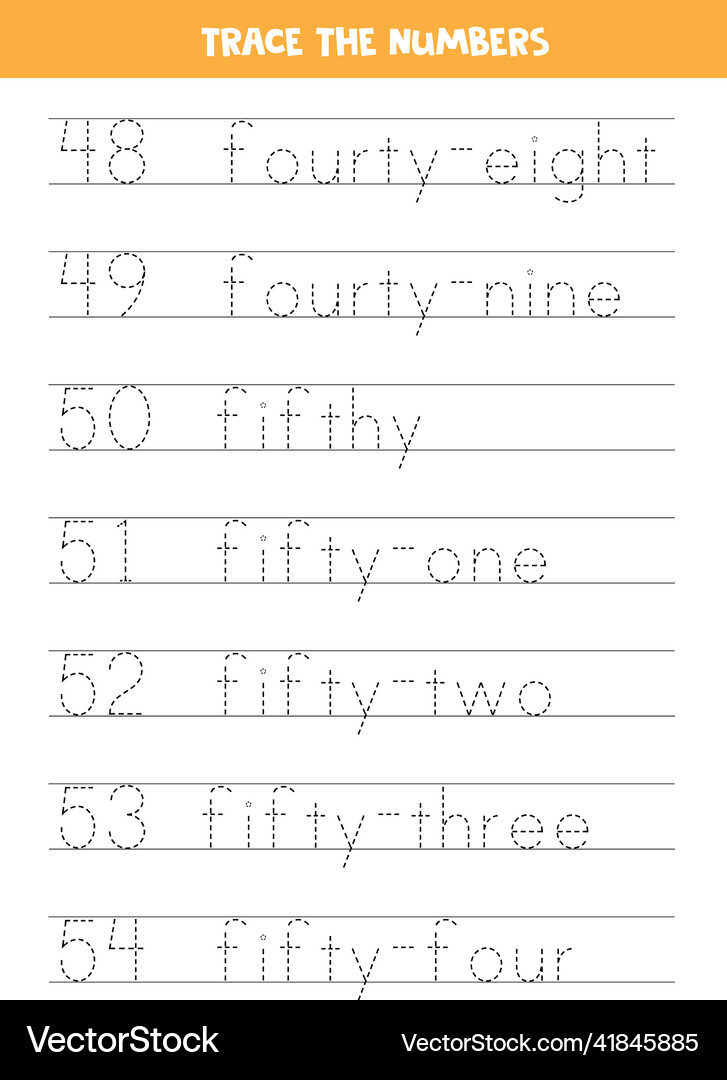 Tracing numbers from 48 to 54 writing practice Vector Image
