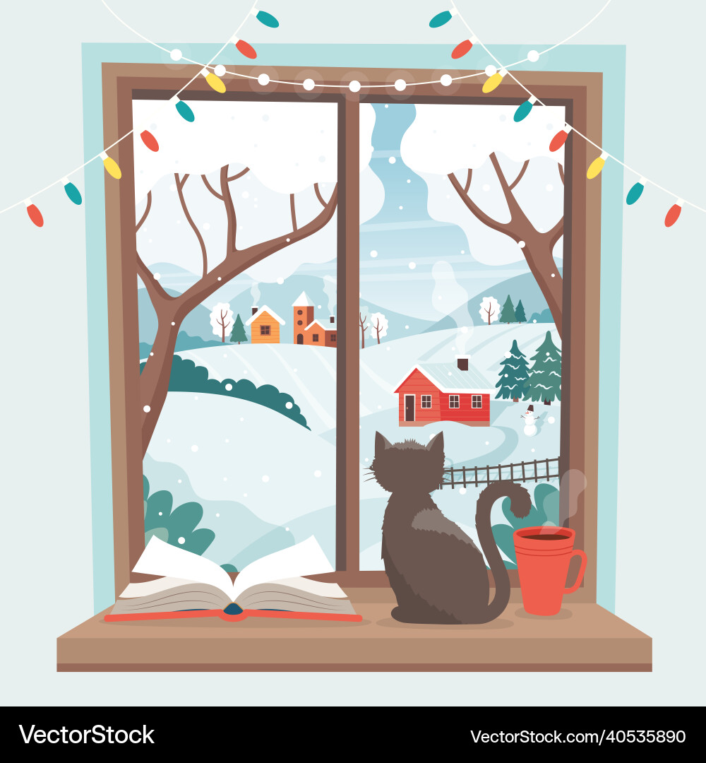Winter window - a cat sitting on the sill Vector Image