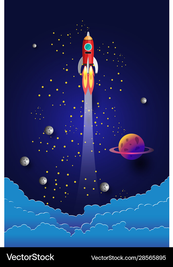 Rocket flying in galaxy paper art design Vector Image