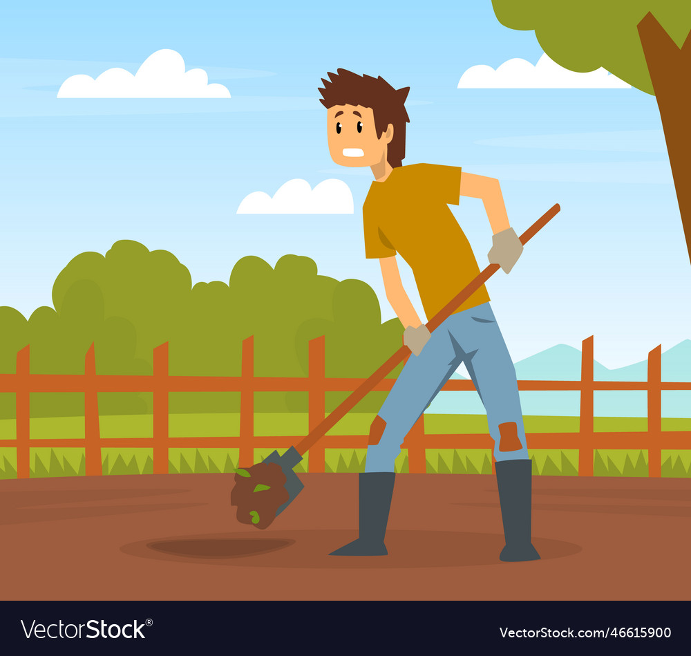 Man farmer in rubber boots and gloves working with