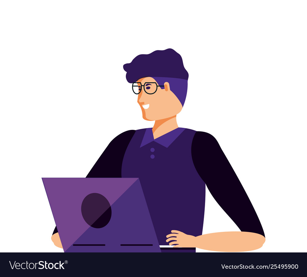 Young man using laptop computer Royalty Free Vector Image
