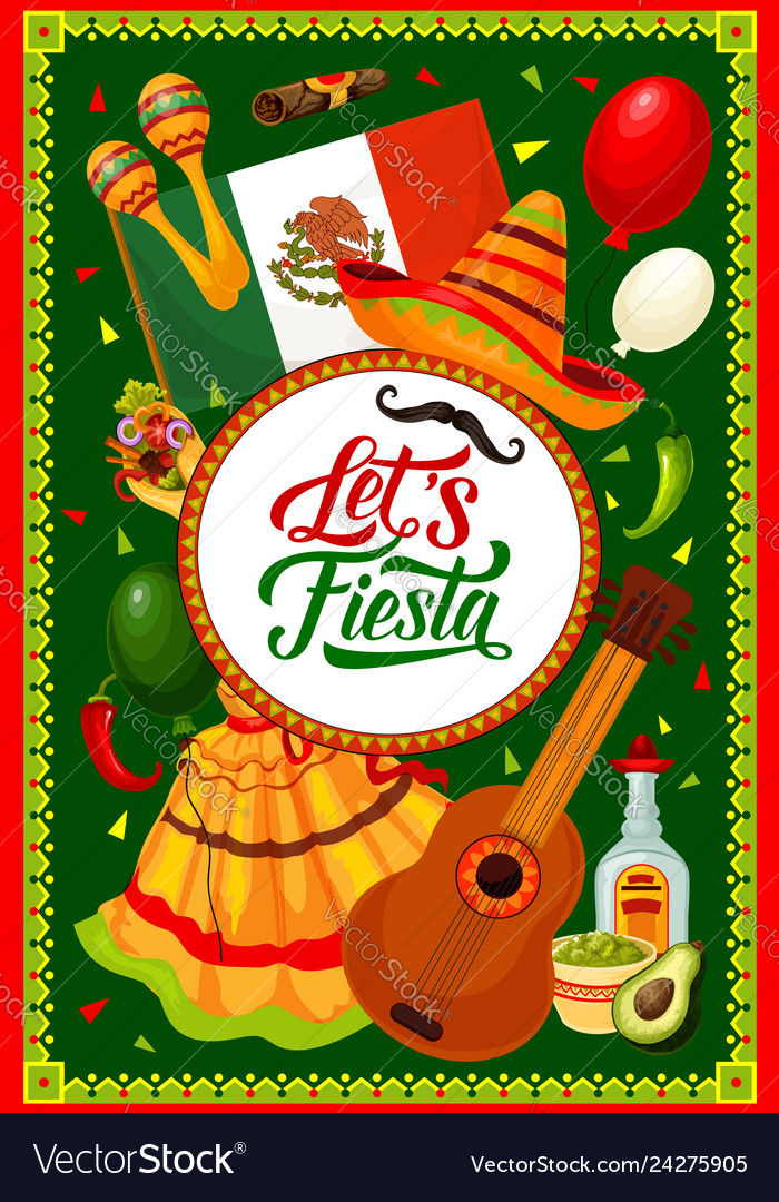 Cinco de mayo party guitar and mexican sombrero Vector Image