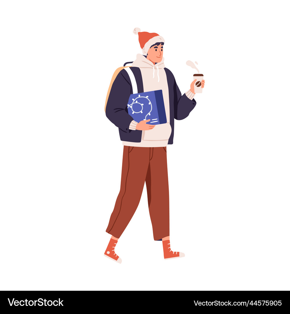 Happy man going outdoors with christmas gift box Vector Image