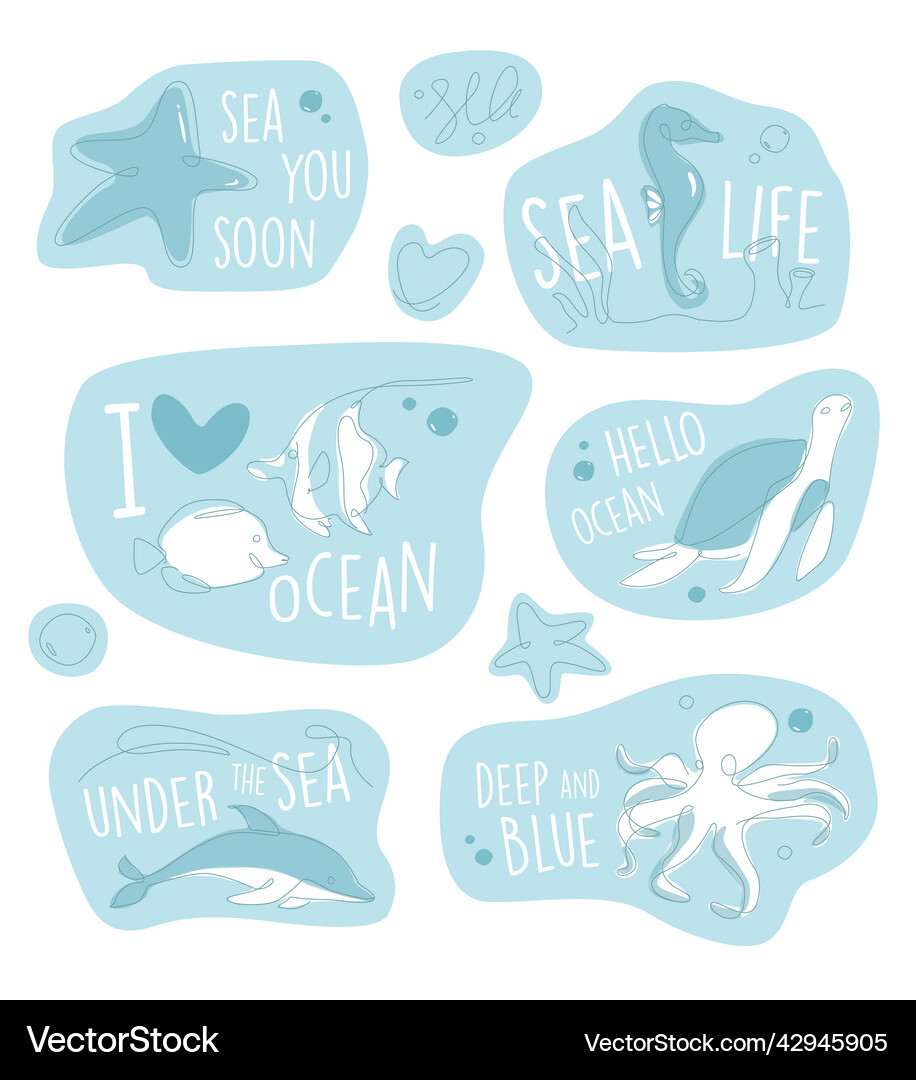 One line marine life sticker set underwater Vector Image