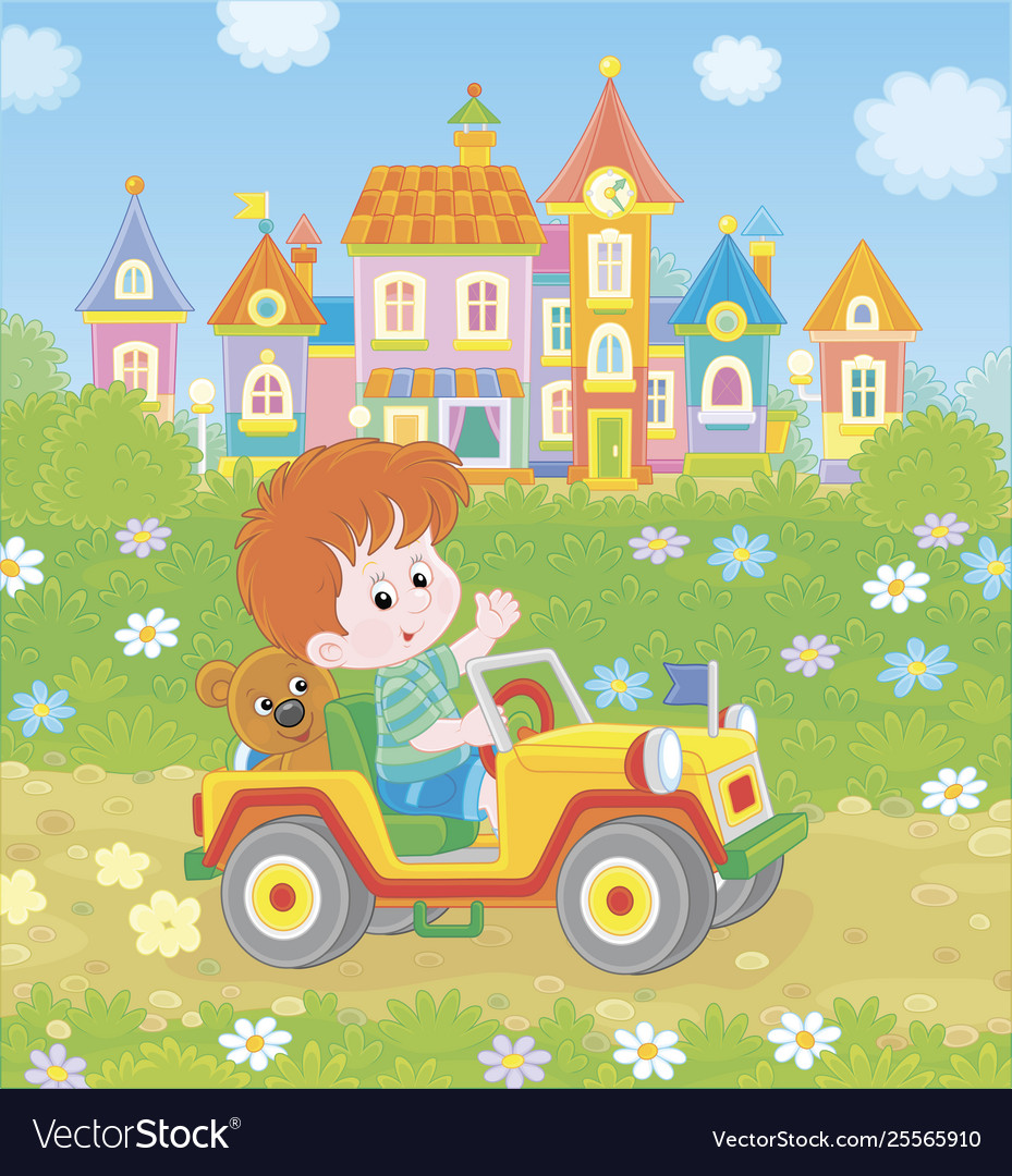 Boy driving a toy sport car Royalty Free Vector Image