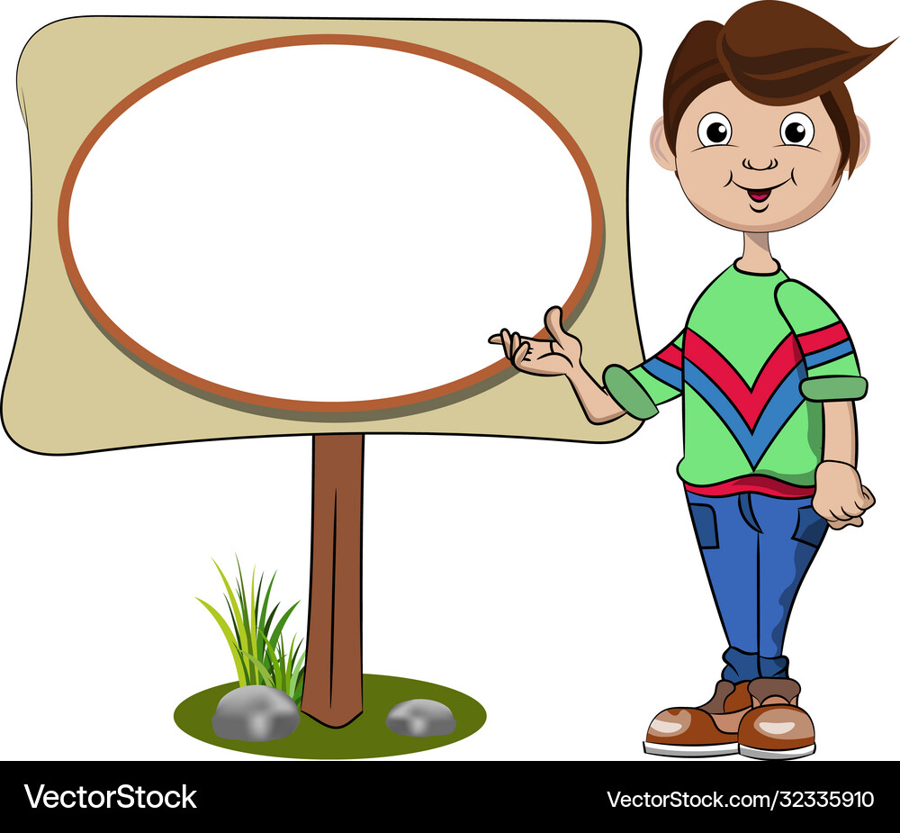 Cartoon guy points to an empty banner poster Vector Image