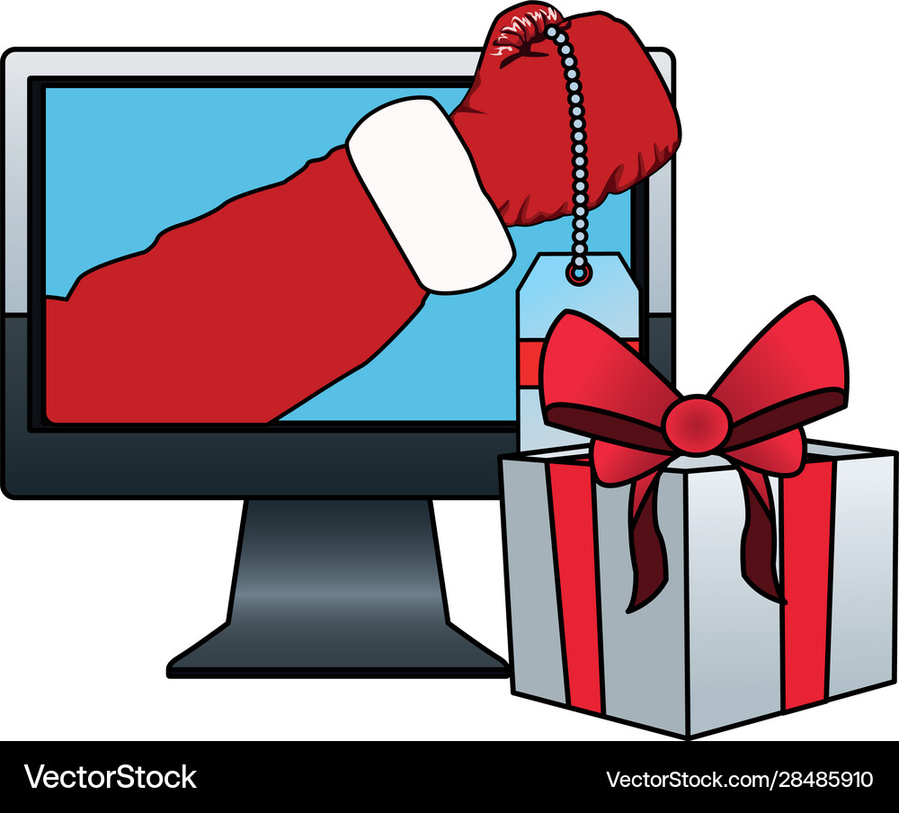 Computer with santa claus arm and gift box Vector Image