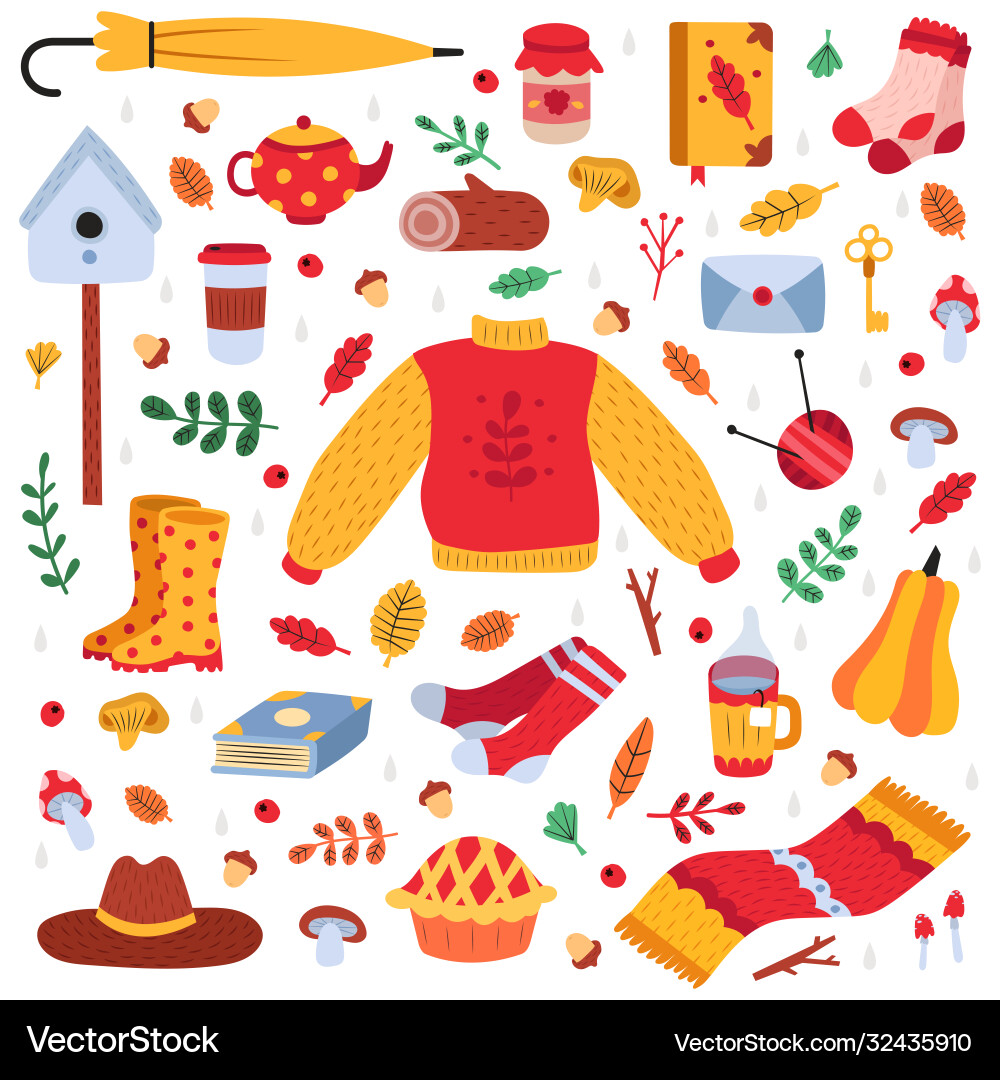 Hand drawn autumn symbols fall leaves forest Vector Image