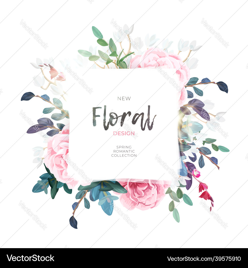 Square botanical frame with pale pink roses Vector Image