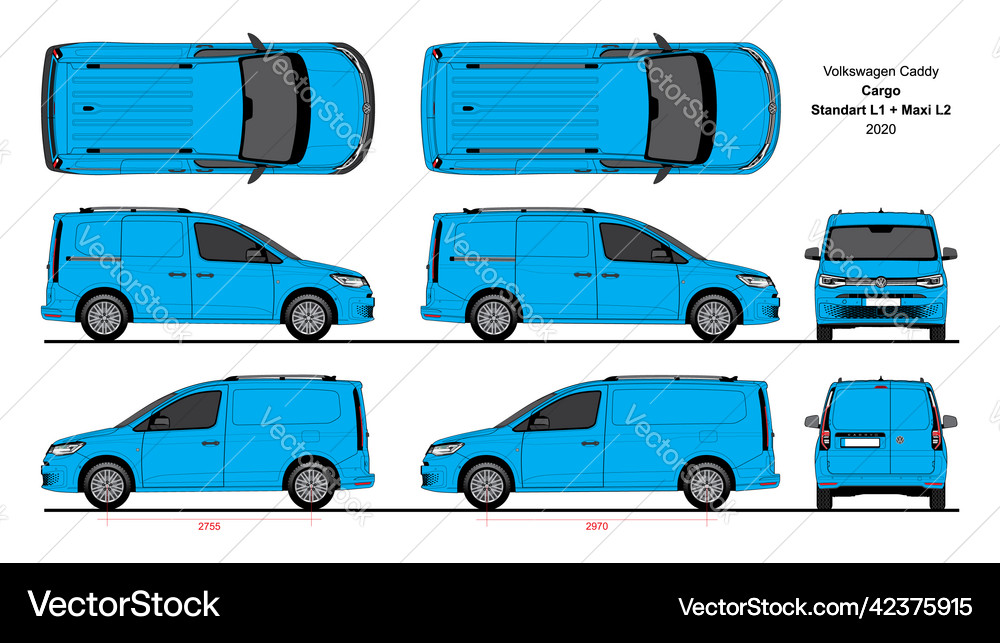 Vw caddy cargo l1 and l2 blue van 2020 Royalty Free Vector