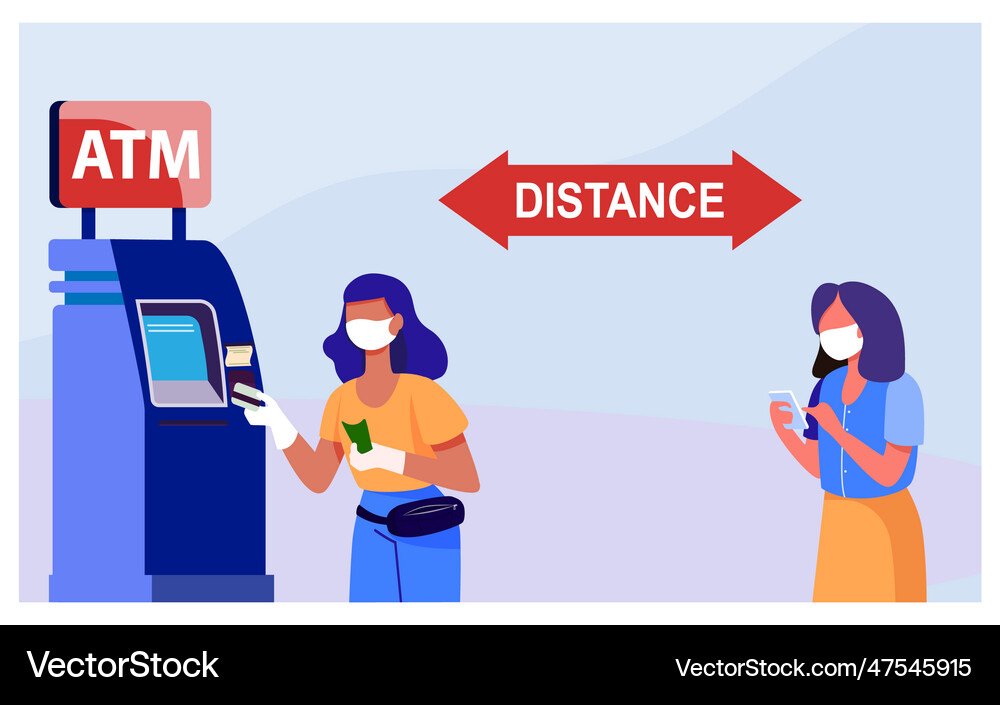 Women using atm and keeping distance Royalty Free Vector