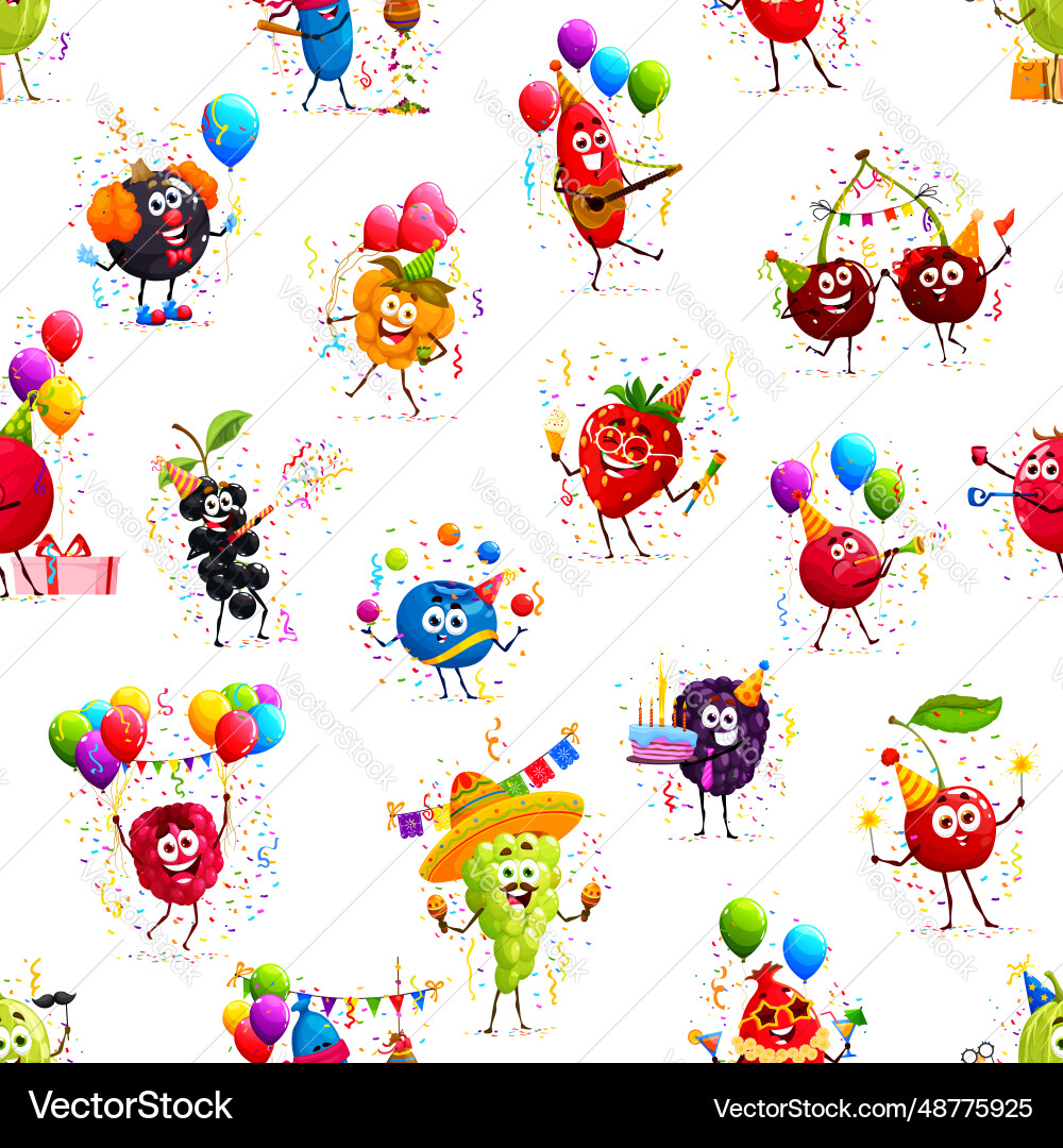 Cartoon berry characters on party seamless pattern
