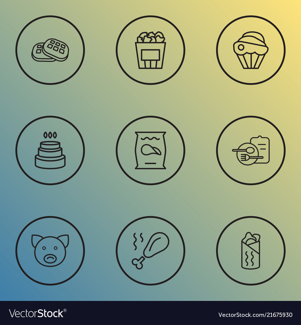 Nutrition icons line style set with pig cupcake Vector Image