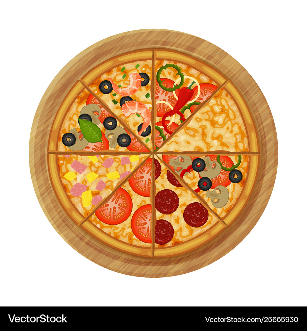 Pizza with different ingredients on wood plate Vector Image
